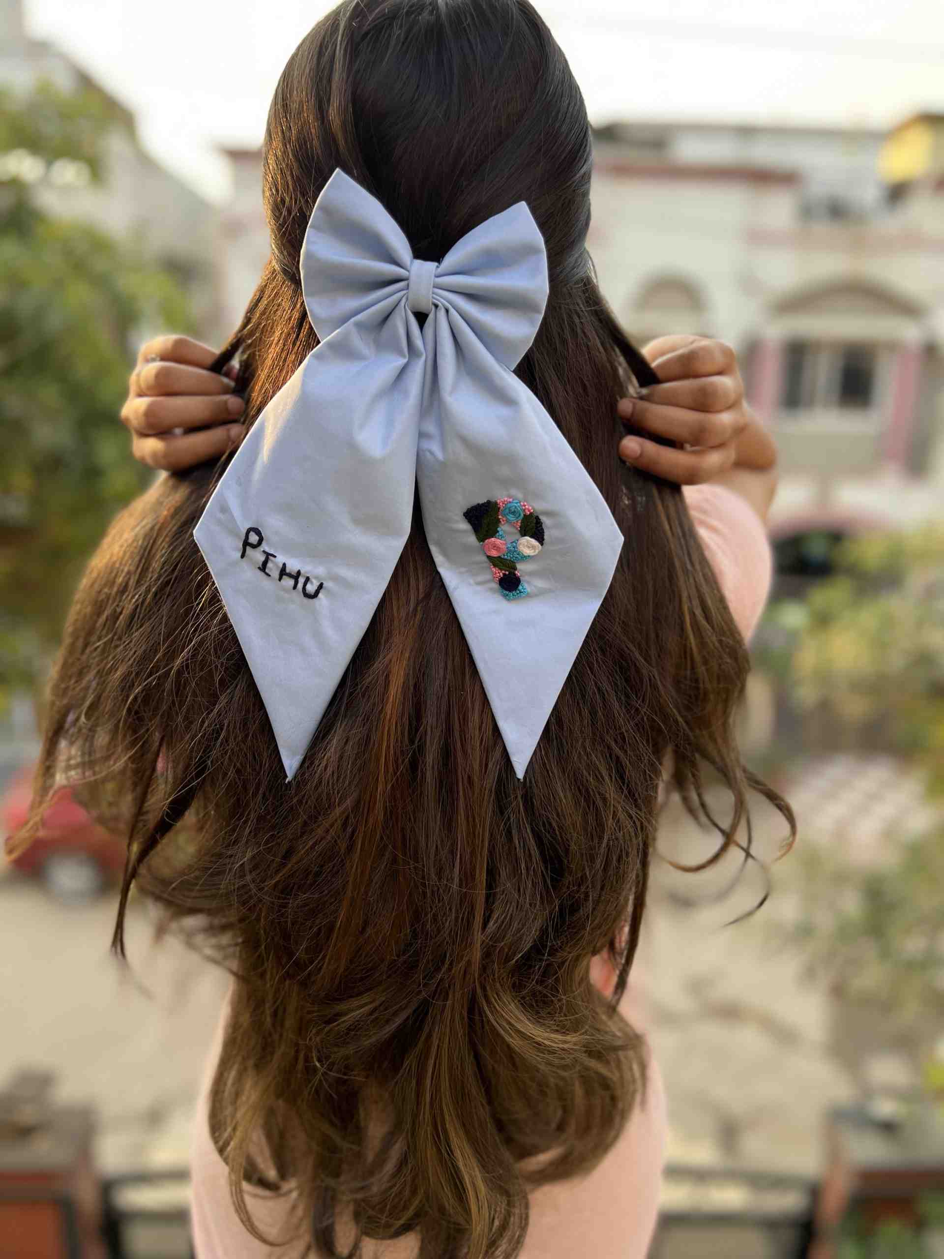Sky blue embroidered bow with name & initial
