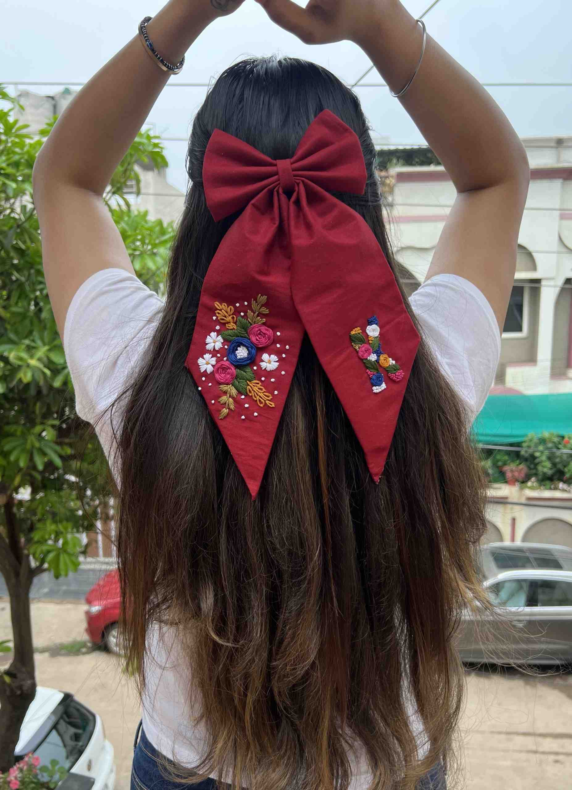 Maroon floral embroidered bow with initial
